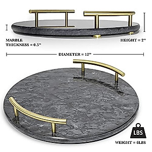 Black Marble Decorative Tray (12") | Marble Tray for Bathroom, Perfume Tray, Round Vanity Tray | Coffee Table Tray, Black Tray with Handles | Kitchen Counter Décor, Ottoman Tray for Living Room