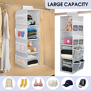 PetsHome 4-Shelf Hanging Closet Organizer, Space Saver, Closet Hanging Storage Shelves with Mesh Pockets & Magic Tap for Storage, Foldable-Grey