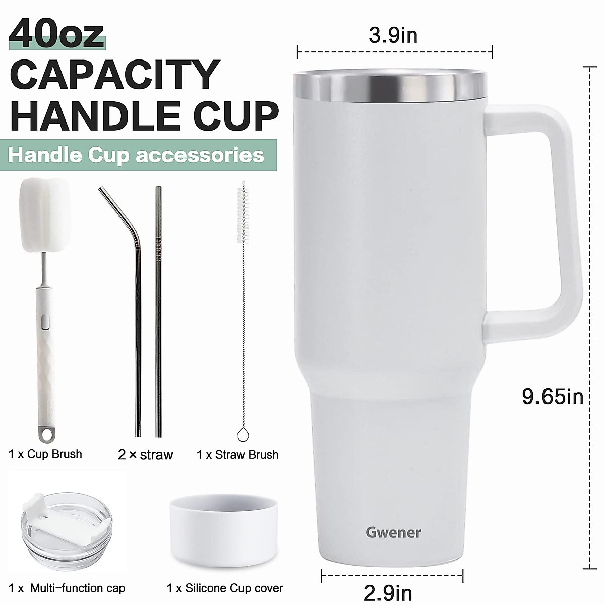 40 oz Tumbler With Handle and Straw Lid, Stainless Steel Insulated Tumblers Travel Mug, for Hot and Cold Beverages Thermos Travel Coffee Mug for Both Men and Women (White)