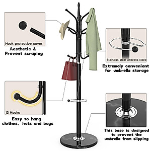 Durmmur Metal Coat Rack Freestanding, Coat Hanger Stand With Natural Marble Base, Standing Coat Rack With Umbrella Holder, Hall Tree With 12 Hooks For Clothes, Hats, Scarves, Entryway(Black)