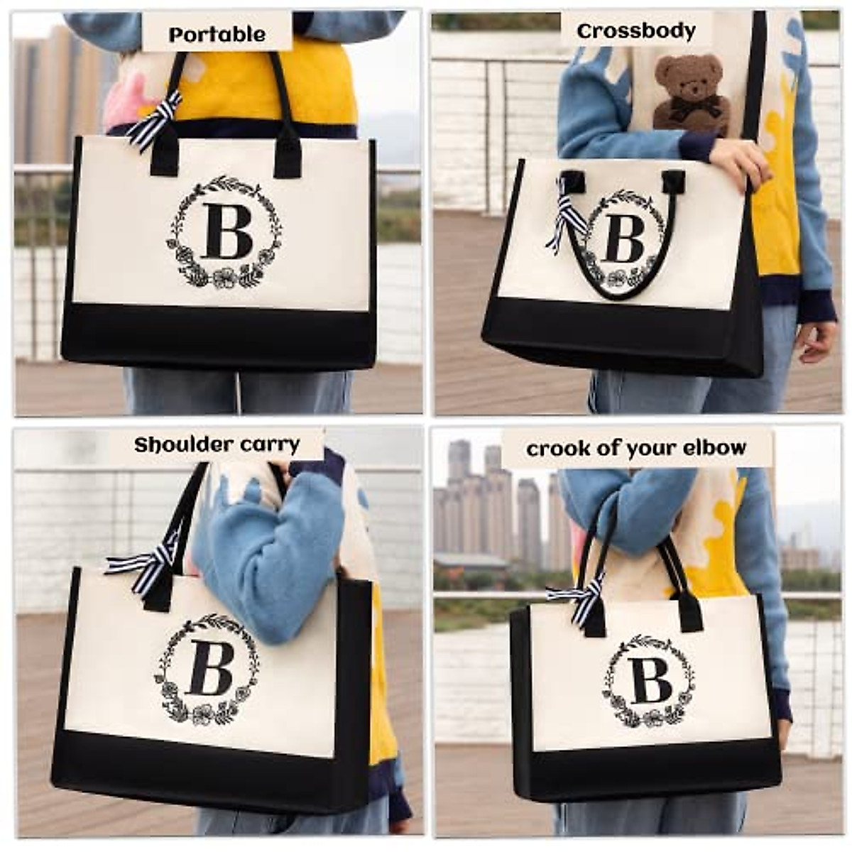 Qoosefun personalized bags for women,Tote Bag For Women,Initial Tote Bag For Women, Personalized gifts for women,beach bag, monogrammed gifts for women, Tote Bag With Zipper L