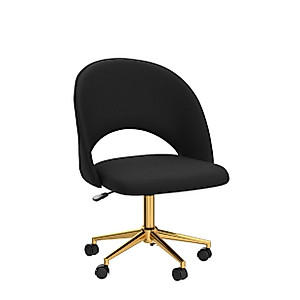 Furniliving Velvet Home Office Chair, Height Adjustable Swivel Vanity Chair with Wheels, Upholstered Desk Task Makeup Chair Computer Chair with Gold Metal Base Stool Chairs (Black)