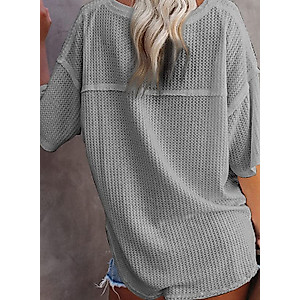 SHEWIN Oversized T Shirts for Women Summer Casual V Neck Short Sleeve Shirt 2023 Trendy Lightweight Waffle Knit Tunic Tops Loose Blouses Grey M