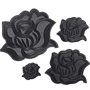 Black Rose Fabric Patches Rose Flower Repair Patches 4 Size Sew on or Iron on Applique Patches for Jacket Jeans Clothes Hats Shoes Bags (8 Pieces)