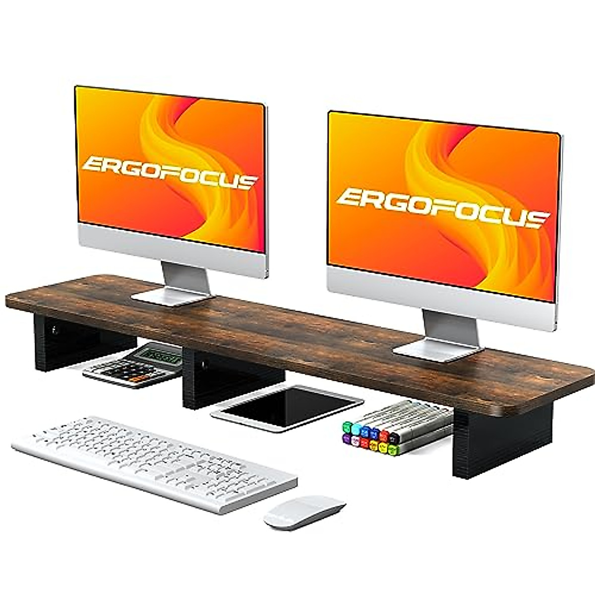 ErgoFocus Large Wood Monitor Stand, 39-inch Long Dual Monitor Riser with Storage Space