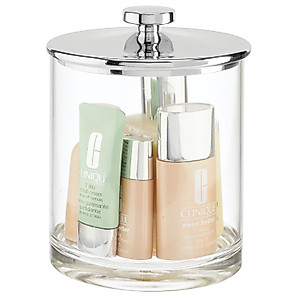 mDesign Medium Modern Apothecary Storage Organizer Canister Jars - Acrylic Containers for Bathroom, Organization Holder for Vanity, Counter, Makeup Table, Lumiere Collection, 2 Pack, Clear/Chrome