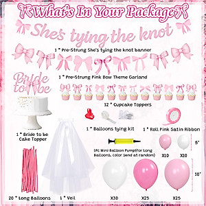 She's Tying The Knot Bridal Shower Party Decorations, Pink Bow Coquette Bachelorette Party Supplies, Bow Balloon Arch, She's Tying The Knot Banner, Bride To Be Cake Topper, Bow Veil & Satin Ribbon