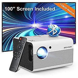 Full HD 1080P Projector with 100''Screen, BIGASUO Bluetooth Outdoor Movie Projector 180" Display Supported, Video Projector Compatible with Laptop/PS4/ Xbox/Smartphone