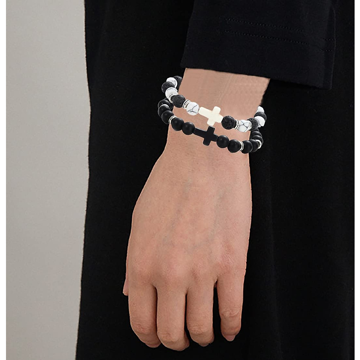 Svovin 12Pcs Fashion Religion Cross Men Women 8mm Natural Stone Lava Tiger Eye Stretch Anxiety Bracelets Unisex 7.5"