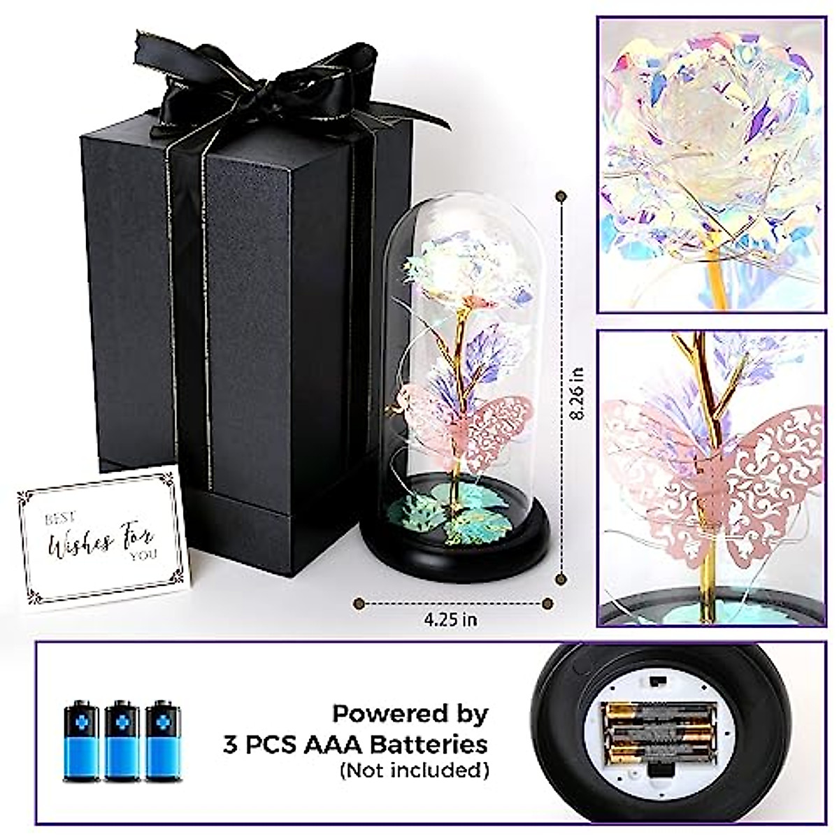 Beauty and The Beast Rose Light Up Galaxy Rose Gift for Mom Enchanted Forever Crystal Rose with Butterfly in Glass Dome Artificial Flower Unique Birthday Gifts for Her Grandma Sister Friend (Gold)