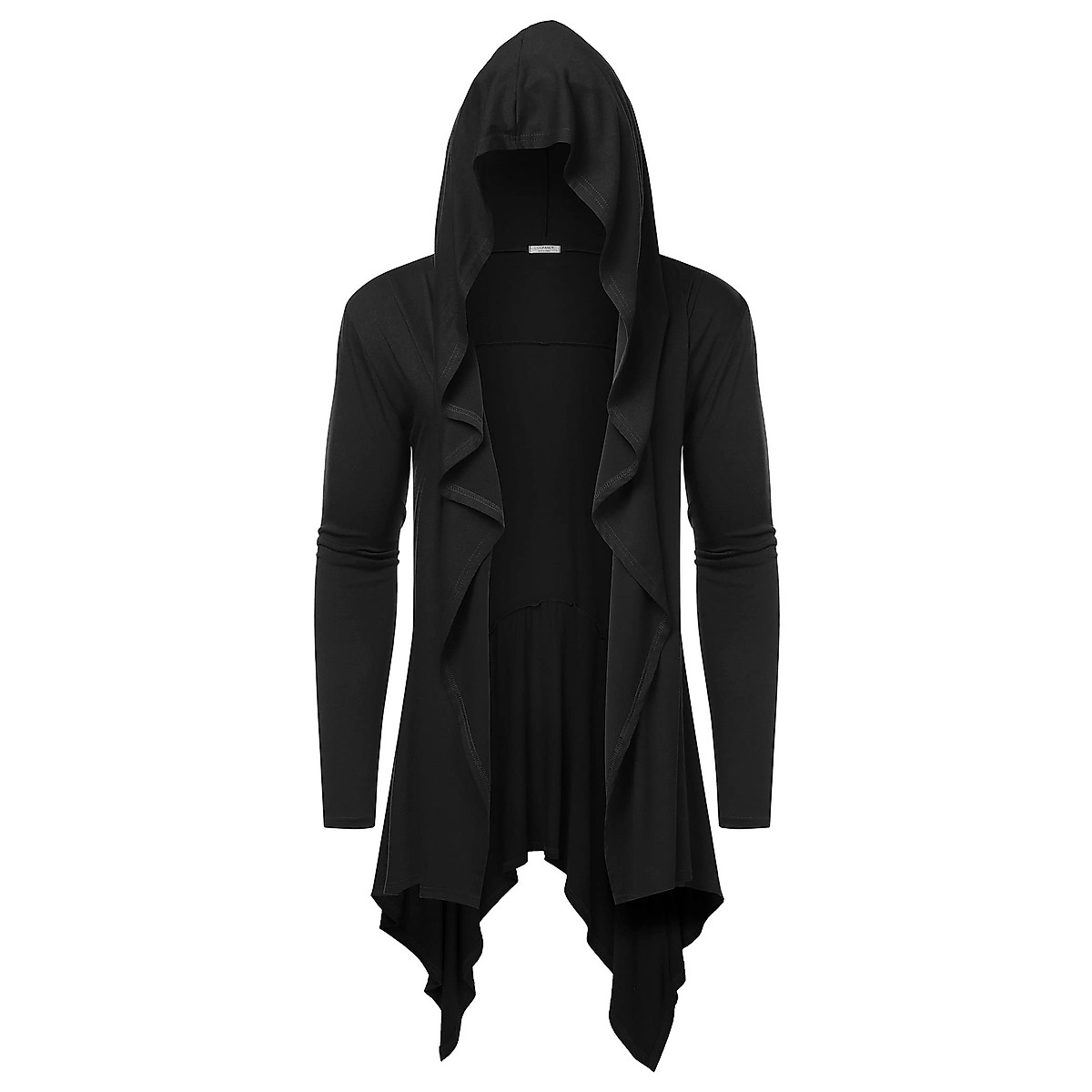 COOFANDY Long Hooded Cardigan Ruffle Shawl Collar Open Front Lightweight Drape Cape Overcoat with Pockets (Black Pattern, M)