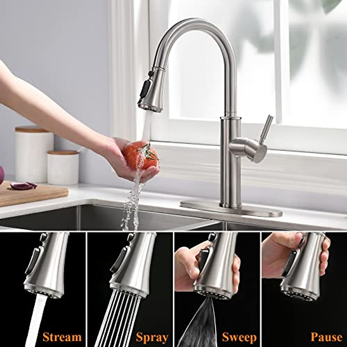 Kitchen Faucet, Kitchen Sink Faucet, 4 Functions Spray Head, Sink Faucet, Four Modes Pull-Down Kitchen Faucets, Bar Kitchen Faucet, Brushed Nickel, Stainless Steel, RULIA RB1035