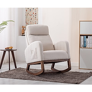 KINFFICT Comfy Rocking Chair, Upholstered Accent Glider Rocker for Baby Nursery or Relaxation, Living Room Armchair with High Back and Headrest, Modern Rocking Glider with Side Pocket, Beige