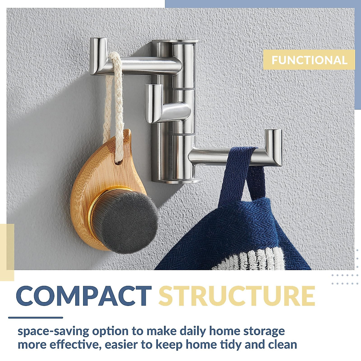 APLusee Brushed Nickel Swivel Towel Hook, 304 Stainless Steel Foldable Clothes Hook with Three Rotating Arm, Flexible Bathroom Kitchen Storage Hanger, Wall Mounted