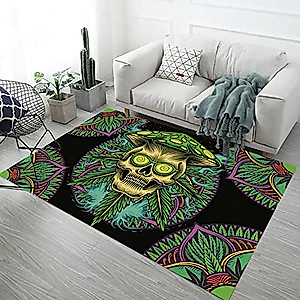 LGGQQW Trippy Weed Psychedelic Mushroom Skull Area Rug Hippie Green Plants Carpet for Bedroom Living Room Decor