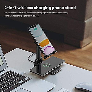 Wireless Charging Phone Stand, 2 in 1 Foldable Desktop Cell Phone Tablet Stand,10W Max Qi-Enabled Wireless Charging Multi-Angle Adjustable Metal Phone Holder for iPhone 13/12/11//Pro/XR/XS/8,AirPods