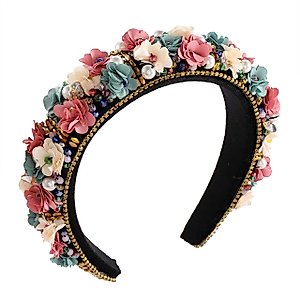 CENAPOG Baroque Crystal Rhinestone Headbands Flower Padded Hairbands for Women Girls Pearl Colorful Bead Embellished Headbands Bejewelled Wide Velvet Hair Hoop for Wedding Bridal Parties (flower)