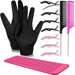 Heat Resistant Gloves for Hair Styling 3 Finger Curling Wand Glove Silicone Heat Mat Pouch 6 Pcs Hair Clips and 2 Pcs Styling Comb for Curling Iron Wands