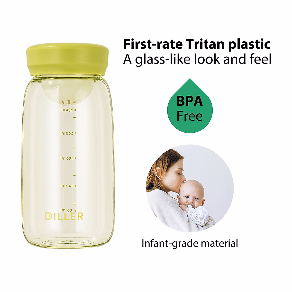 Diller Mini Plastic Water Bottle without Straw, 10 oz Small Plastic Bottle BPA Free & Safe for Girls, Kids, Fast Flow, Durable for Milk Tea (Green)