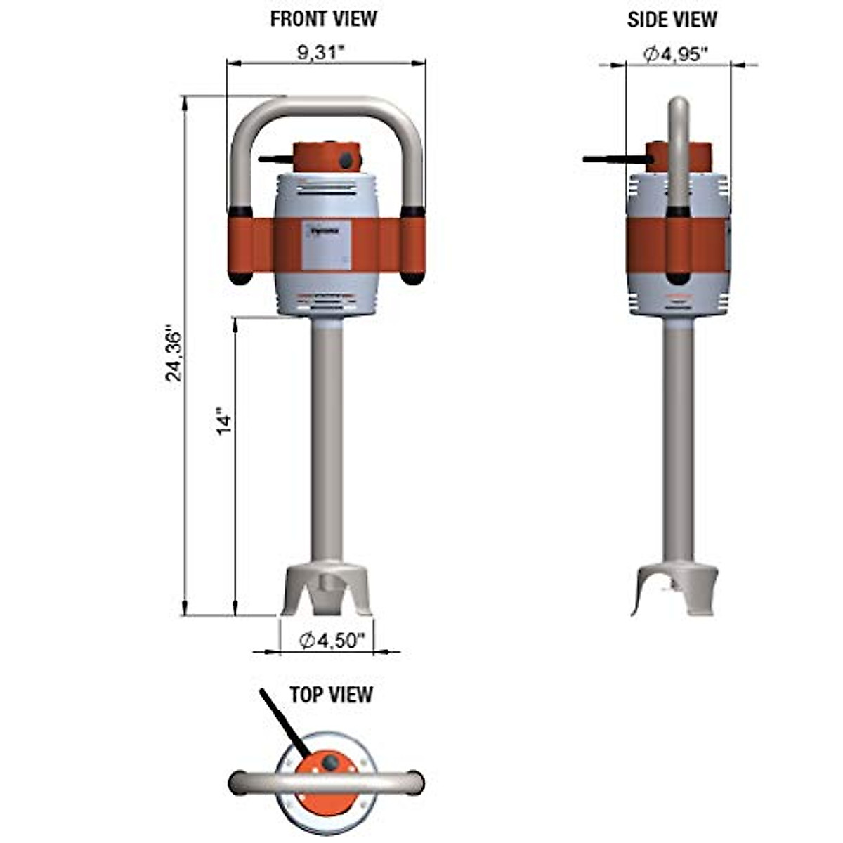 Dynamic Mixers SMX350ES Immersion Blender, Orange, 4.5" Diameter at bell (bottom of unit), 4.95" Diameter at top, 24.36" High