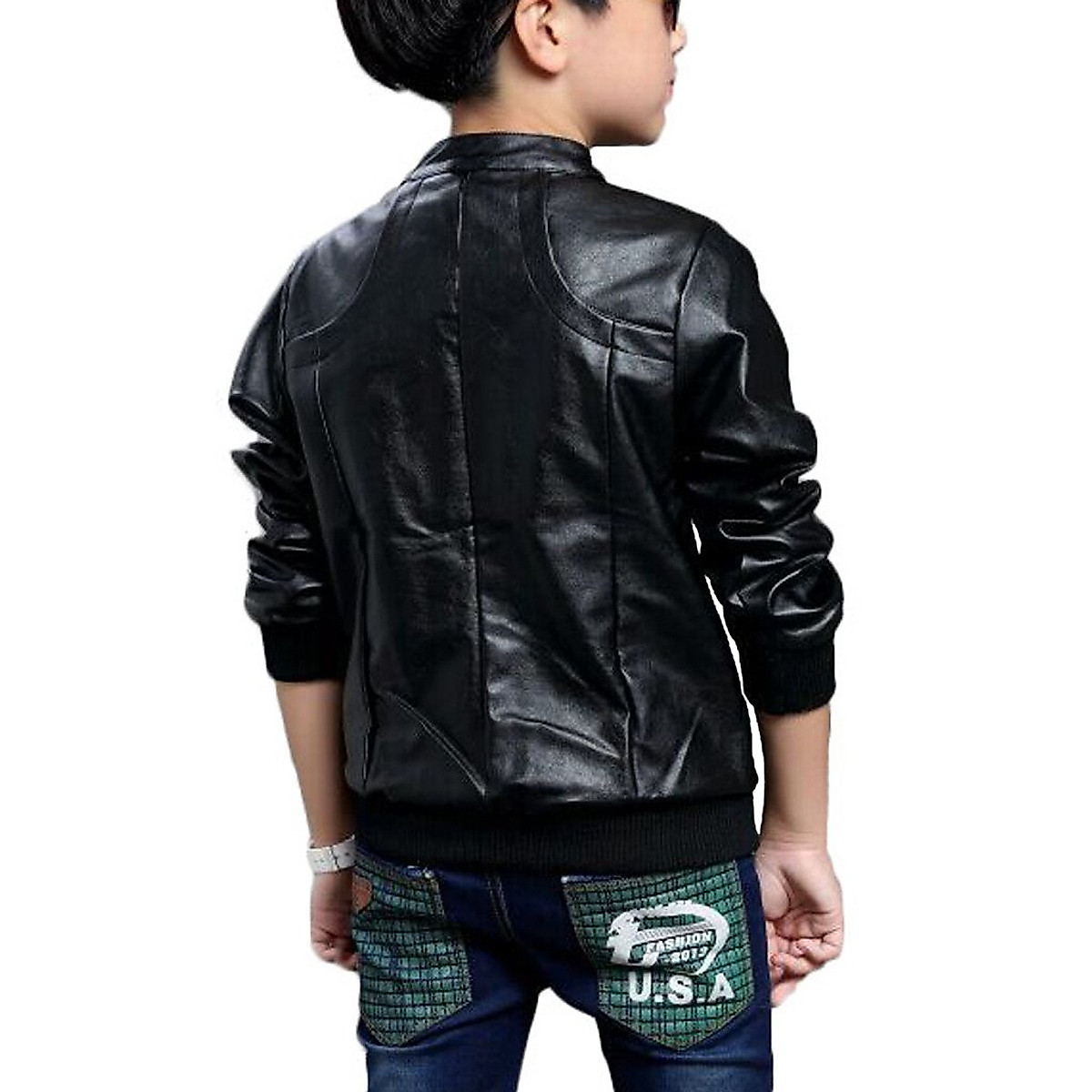 Chinaface Boy's Trendy Stand-Collar PU Leather Spring Moto Jacket Black, 7/8T
