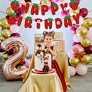 BIEUFBJI Strawberry Happy Birthday Banner, Glitter Strawberry Banner, Strawberry Theme Birthday Garland for Birthday Party Hanging Decorations