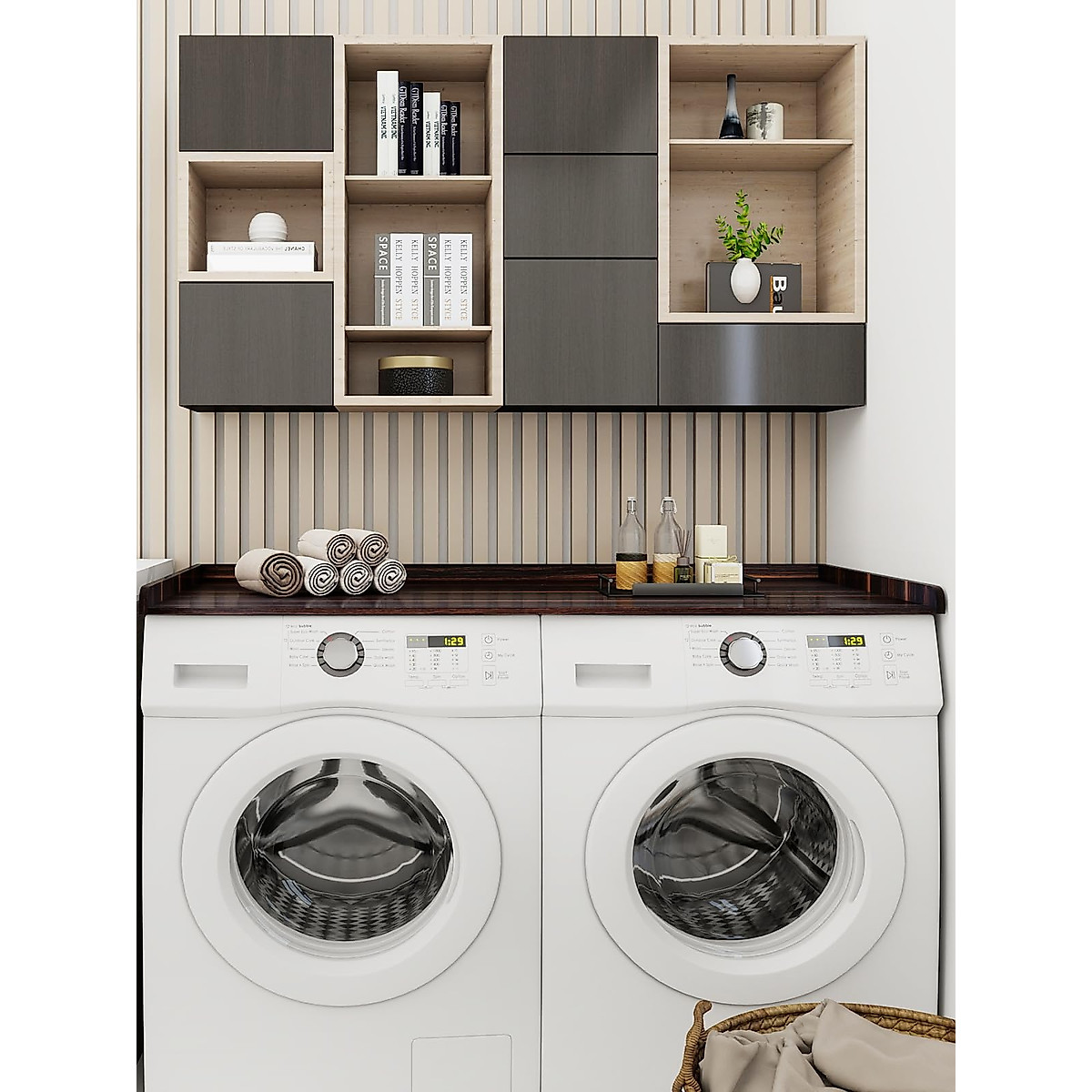 Toemics Washer Dryer Countertop, 27.5" x 54" Laundry Room Organization Shelf with Edge Rails for Washer and Dryer, Durable Melamine Finish, Non-Slip Pads, and 3 Laundry Bags, Eucalyptus