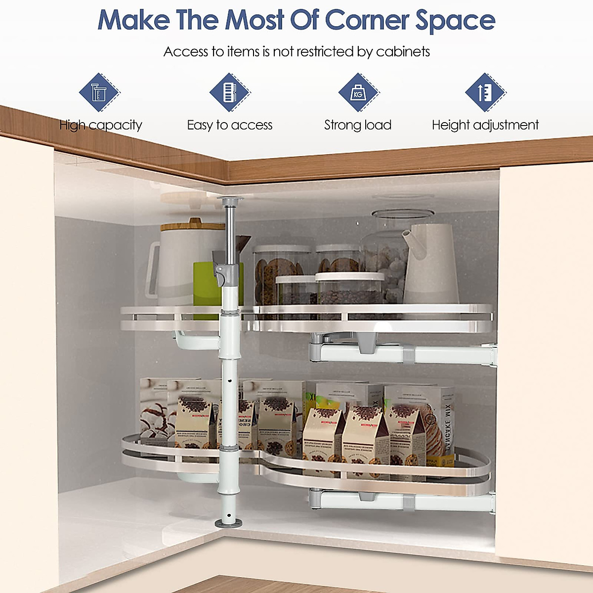 LIVOSA 36" Kitchen Corner Cabinet Blind Pull Out Organizer with 2 Non-slip Tiers Swing Tray and Soft Close, Right Handed Open, White