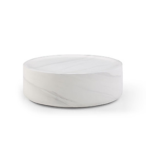 35.43" Faux Marble Coffee Table, Round White Coffee Table for Living Room, Modern Drum Circle Fiberglass Coffee Table for Living Room, ø35.43"*11.81"H (White)
