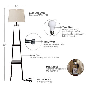 Catalina Lighting 19305-000 Modern Metal Etagere Floor Lamp with Shelves and Linen Shade, 58", Classic Black