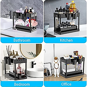 Sliding Under Sink Organizers and Storage, Mutsrd 2 Tier Pull Out Cabinet Organizer Basket, Under Sink Drawer Organizer with Hooks, Hanging Cups for Kitchen Bathroom