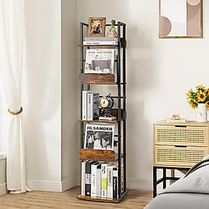 Bikoney Bookshelves 5-Tier, Rotating Bookshelf Tower for Corner, Small Bookcase, Tall Industrial Bookshelf, Narrow Bookshelf, Wood and Metal Black