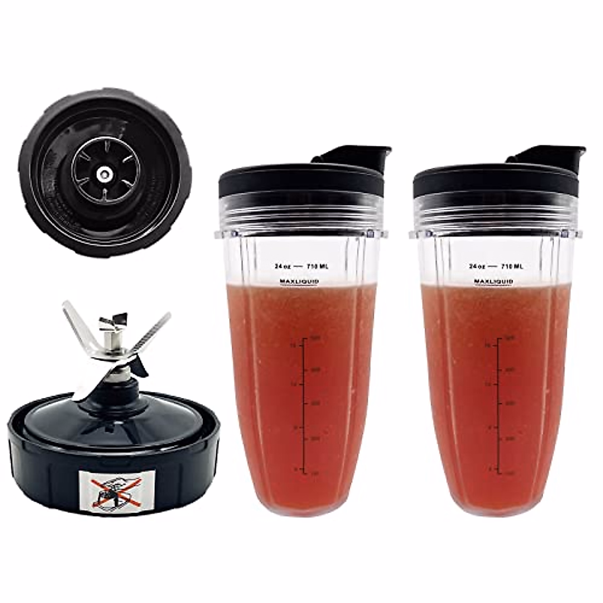 Blender 24 oz Cups with Lids & 6 Fins Female Blade Replacement Parts for Ninja, Extractor Blade for Nutri Ninja Auto iQ BL480D 30 DOB, BL450 69, BL456 70, BL480 70, BL455 30 DOB, BL482 30 DOB