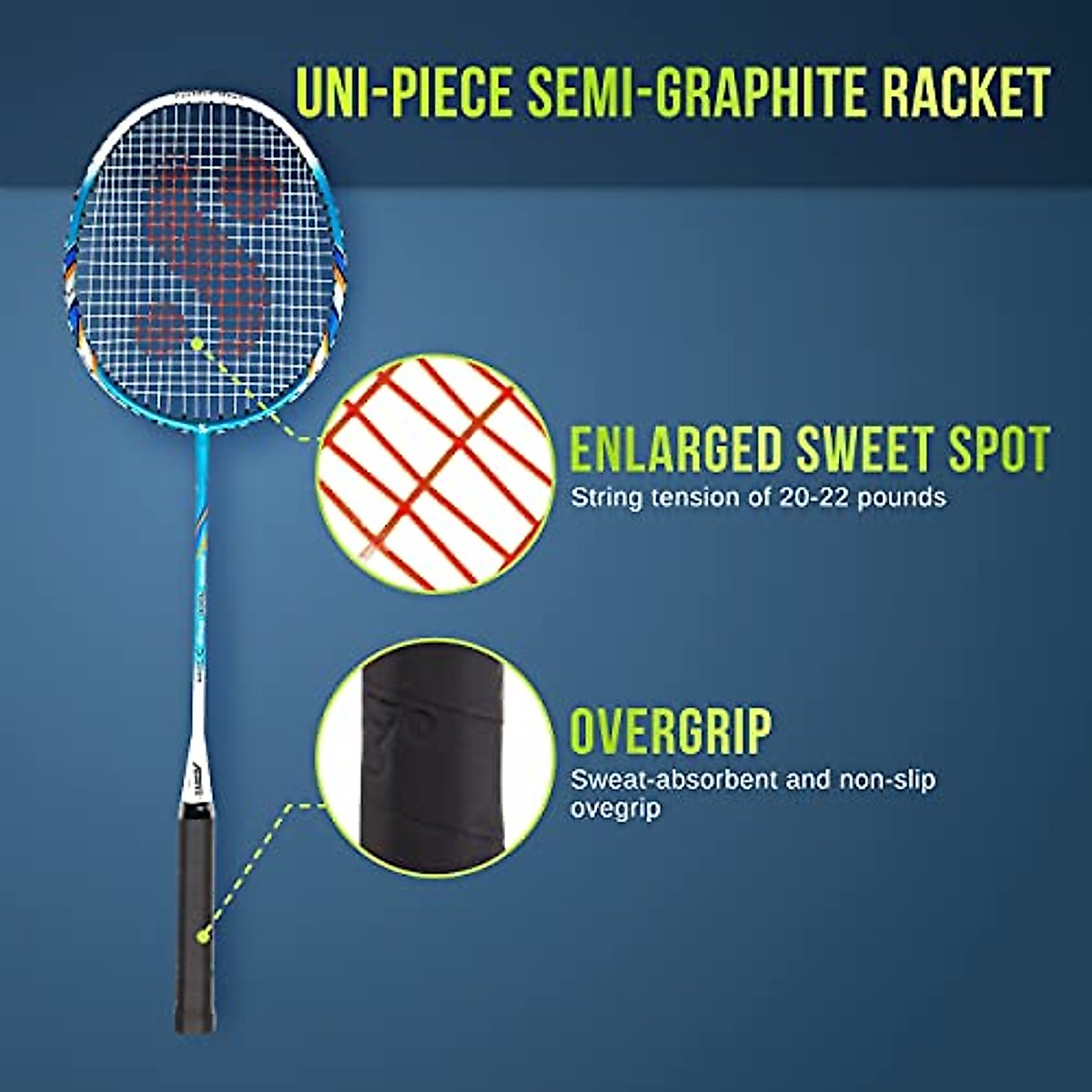Silver’s 4 Player Uni-Piece Semi-Graphite Badminton Racket Set | Includes 4 Rackets, 2 Badminton Bags, 6 Nylon Shuttlecocks and 2 Extra Replacement Overgrip Tapes.