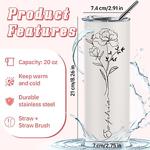 Personalized Tumblers with Names, Custom Coffee Tumbler with Birth Flower - 15 Colors 20 oz Skinny Tumblers Cups with Straw, Personalized Birthday Gifts for Women Mom…