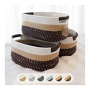 Woven Baskets for Storage Set of 3, Cotton Rope Basket for Organizing with Handles, Decorative Storage Baskets for Shelves, Toy Baskets, Soft Baby Basket for Nursery - Yellow & Brown