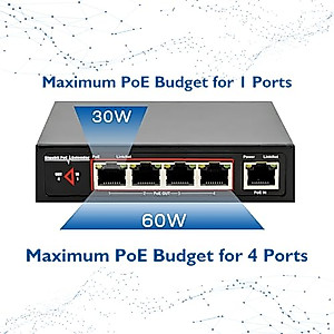 PoE Extender with Gigabit Speeds & Passthrough Switch, 48V 60W PoE+, 1 PoE++ in and 4 PoE Out, IEEE802.3af/at/bt, 6KV Surge Protection, No Power Needed