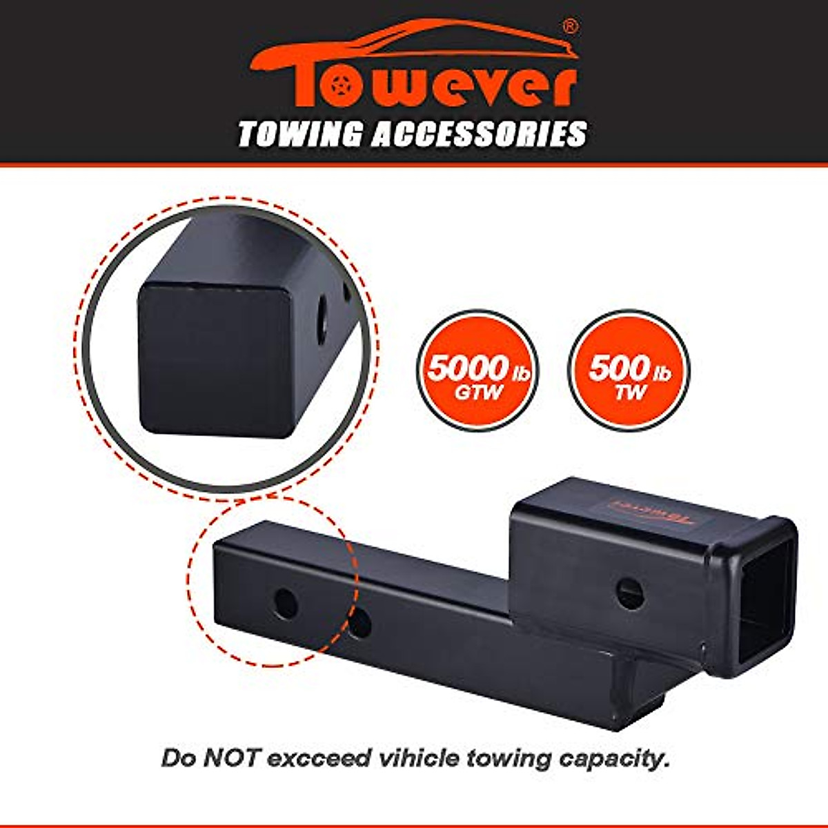 Towever 84121 Hitch Receiver Adapter with 2" Drop/Rise, 9" Hitch Extender, Solid Tube Hitch Riser (GTW/TW 5000/500 LBS)