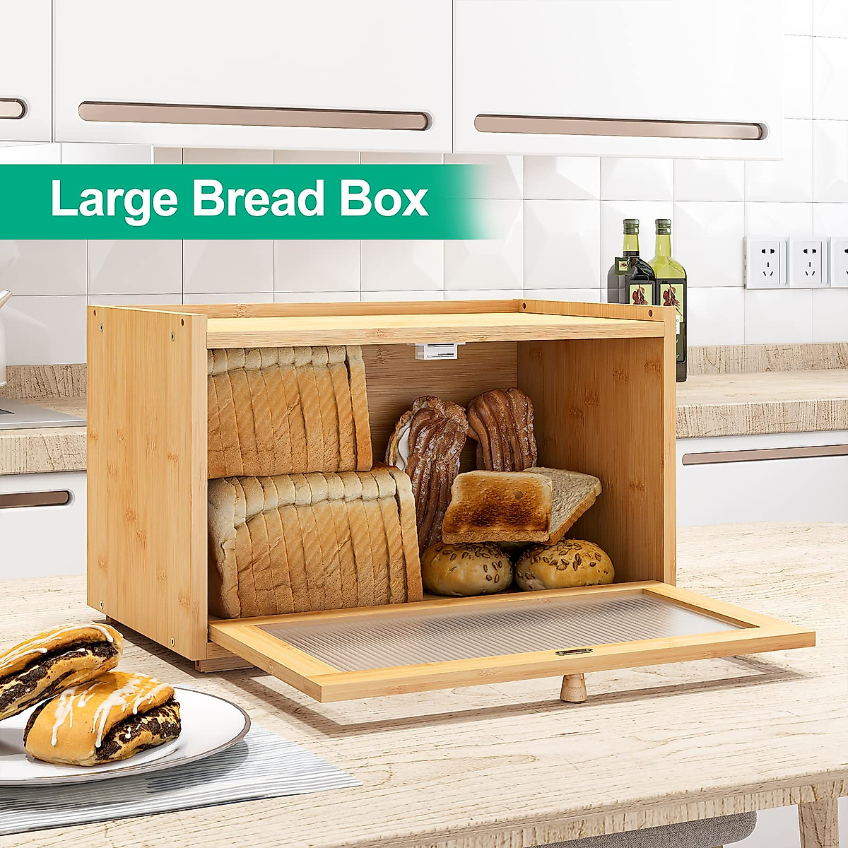 kiplant Large Bread Box for Kitchen Counter, Bamboo Bread Storage Container with Wavy Arcylic Transparent Door, Bamboo Wooden Farmhouse Bread Box for Your House