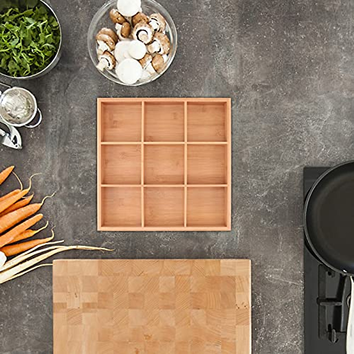 DOITOOL Serving Tray with 9 Compartments - Wooden Tray Divided Tray for Serving Food - 13in Square Tea Tray Food Tray for Hot Pot, Fast Food, Breakfast, Tea Coffee Table Christmas