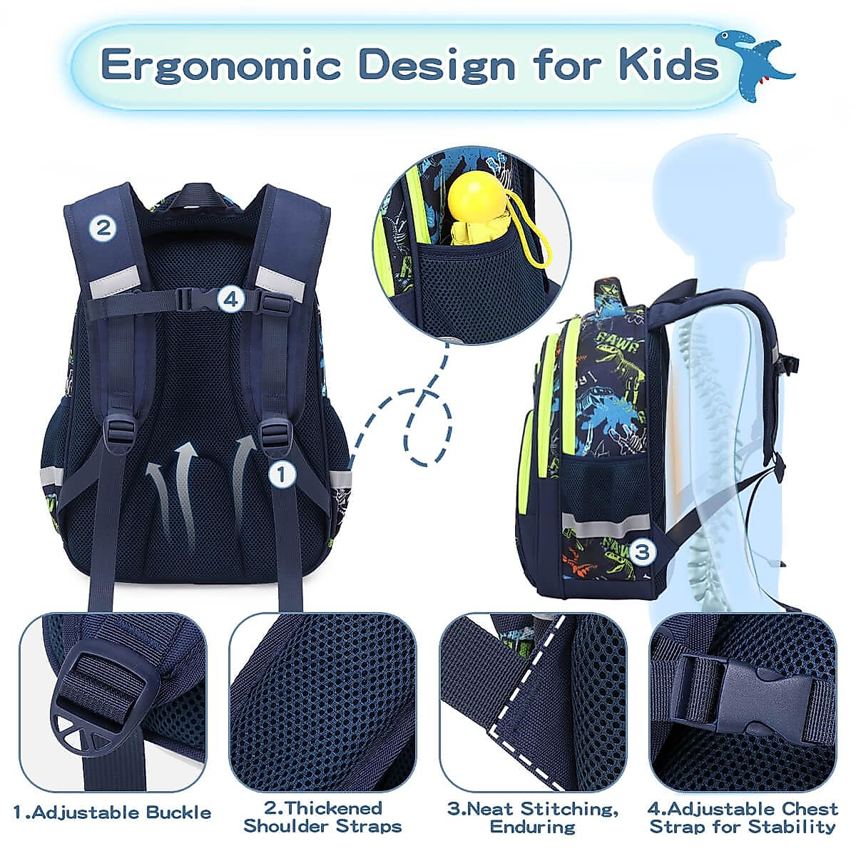 Cusangel Kids Backpack for Boys Elementary Preschool School Bags 16 Inch Dinosaur Backpack Multi Compartment,Sturdy Backpack Age 5-10(Dinosaur Fossil, Glow In The Dark)