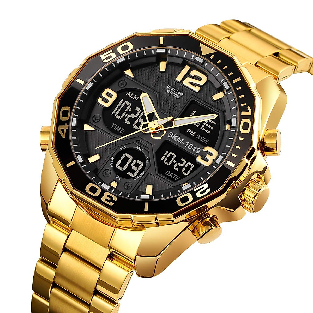 VIGOROSO Mens Watches Multi Times Military Gold Watch Chronograph Digital Analog Stainless Steel Wrist Watch for Men/Gents Waterproof