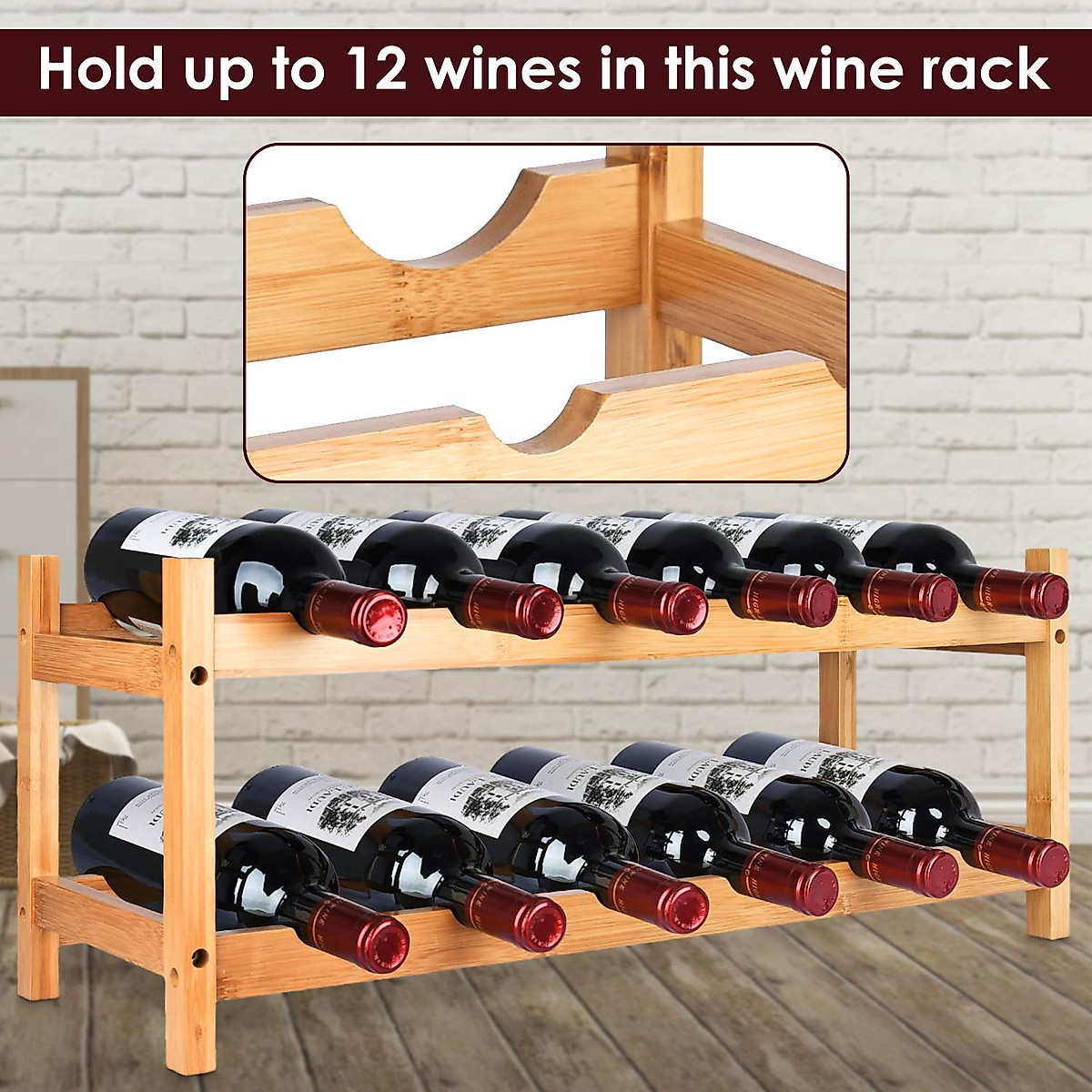 RIIPOO Wine Rack, Countertop Wine Rack, Wine Storage Shelf, 12 Bottles Bamboo Wine Holder, 2 Tier