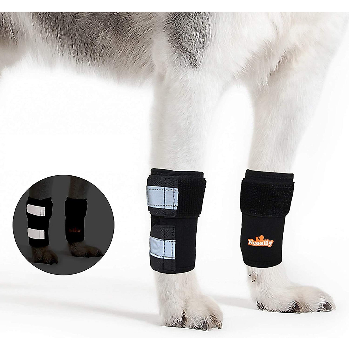 NeoAlly - Front Leg Brace for Dogs and Cats, Dog Leg Brace for Improved Pet Mobility, Dog Leg Sleeve for Carpal Support, Dog Leg Sleeve with Reflective Straps, XXS to XS, Black, 1 Pair