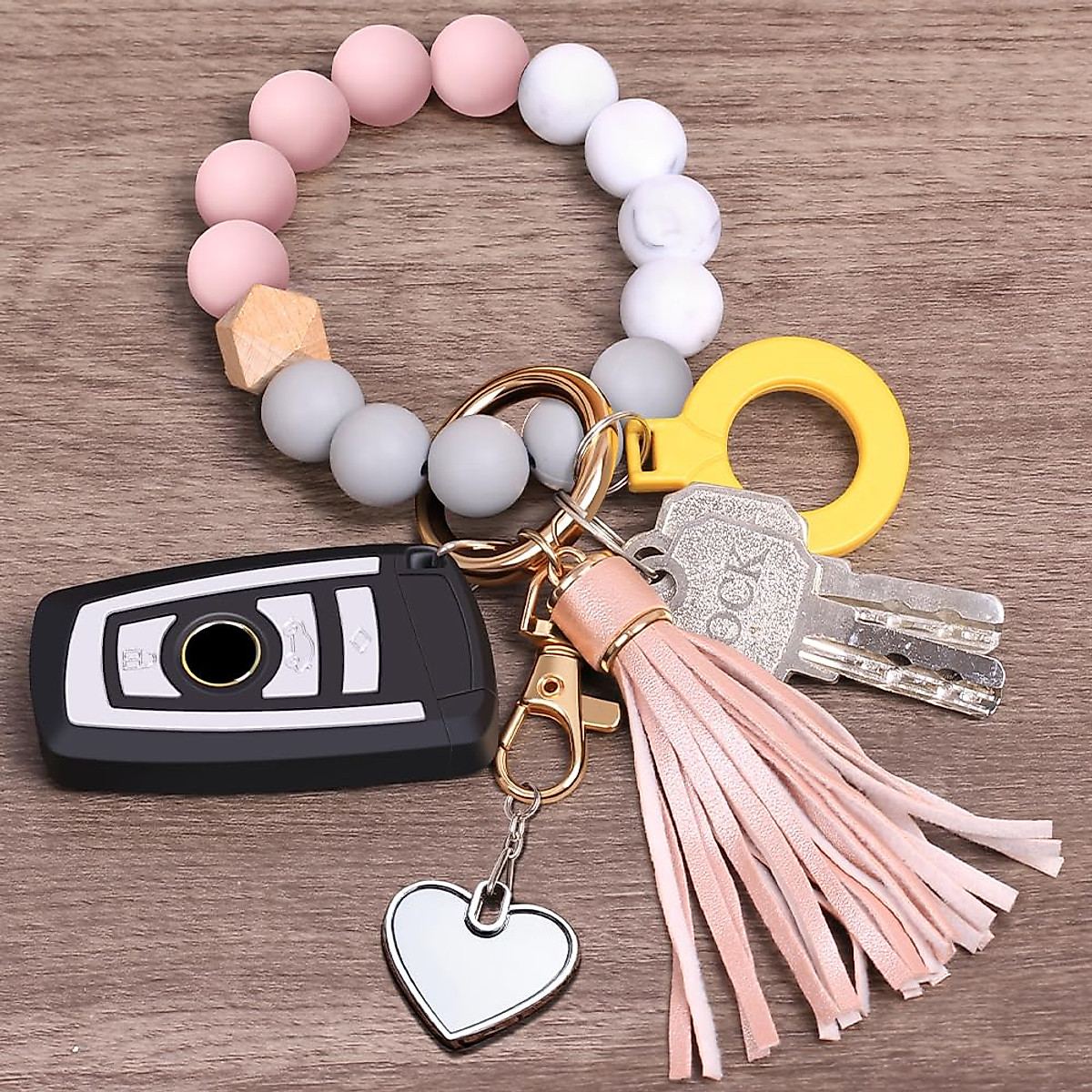 UpUDo Keychain Bracelet Wristlet, Silicone Beaded Key Ring Bracelet, Elastic Keyring Bangle for Womens