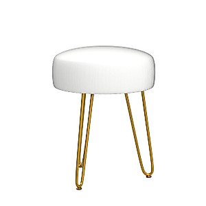 TOUCH-RICH Stripe Velvet Vanity Chair Round Ottoman,Upholstered Vanity Makeup Footstool Side Table Dressing Chair with Golden Metal Legs (White, Round-Normal)