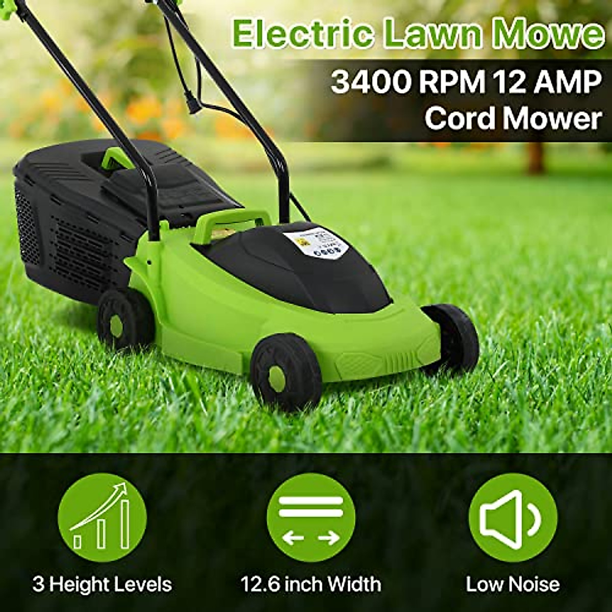 Electric Lawn Mower Corded Push Mower with 12 Amp, 13 Inch Lawnmower with 3 Adjustable Cutting Heights and Collection Box Included for Yard, Lawn and Garden Care