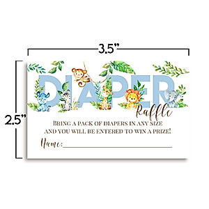 Watercolor Jungle Animals Diaper Raffle Tickets for Boy Baby Showers, 20 2" X 3” Double Sided Insert Cards for Games by AmandaCreation, Bring a Pack of Diapers to Win Favors & Prizes!