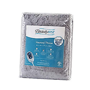 Beautyrest Brushed Long Fur Electric Throw Blanket Ogee Pattern Warm and Soft Heated Wrap with Auto Shutoff, 50 in x 60 in, Grey