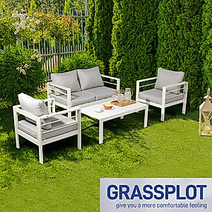 Outvita Outdoor Patio Furniture Set, 4 Pieces Aluminum Patio Conversation Sets, Modern Patio Sofa Loveseat Set with Coffee Table and 5 Inch Cushion for Patio Balcony Yard (White, 4pcs Set)